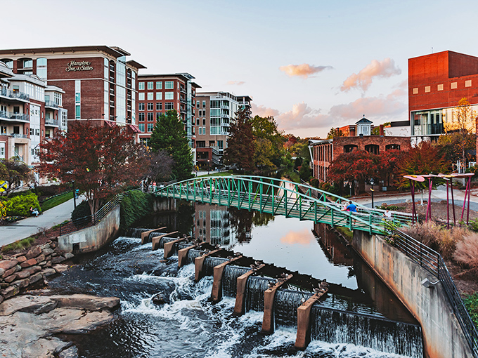 Greenville's Reedy River creates a magical backdrop for the city. That pedestrian bridge isn't just functional&mdash;it's an Instagram hotspot!