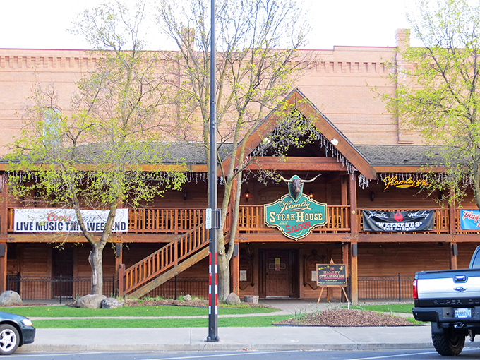 Saddle up for flavor town! This Old West-inspired exterior promises steaks so good, you'll want to lasso the chef and take 'em home. 
