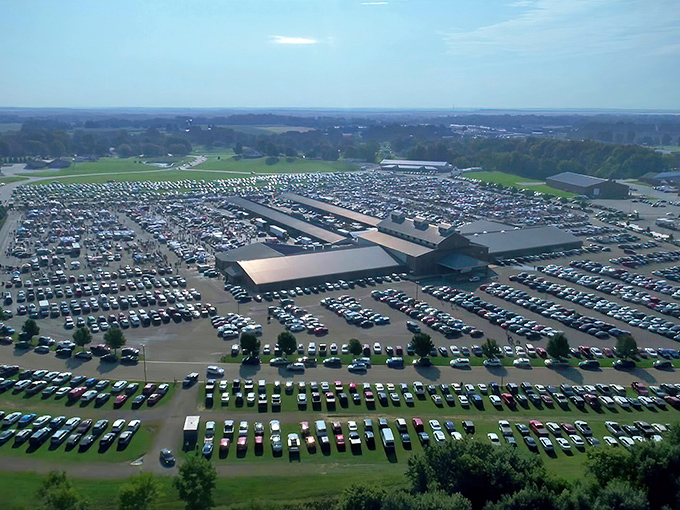 From above, Hartville's parking lot resembles a small city. Each car represents a treasure hunter on their quest for deals!