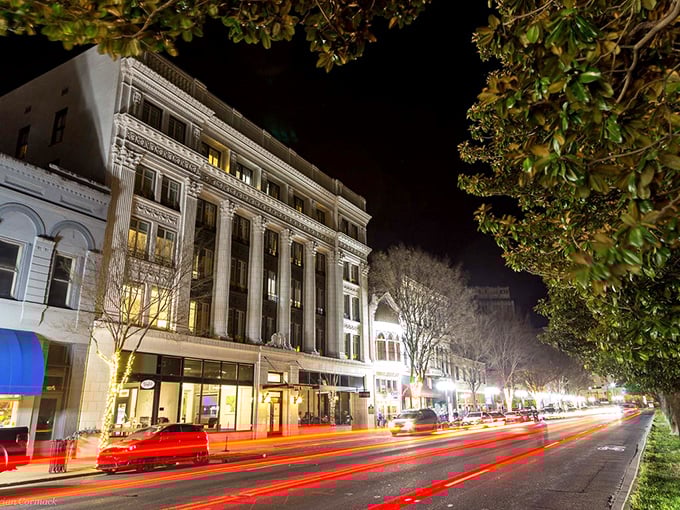 Historic downtown Hot Springs at night, where the lights twinkle almost as brightly as the relief in your bank account.