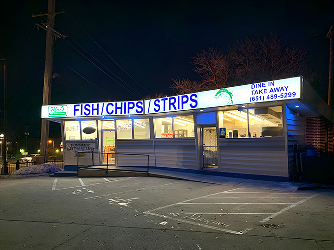 Mac's at night looks like a beacon of deep-fried hope in a sea of fancy restaurants. The glow says, "Yes, we're still open, and yes, you still want this."
