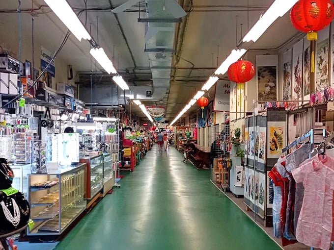 Look at those red Chinese lanterns! This indoor wonderland shields you from Florida's heat while you hunt for souvenirs.