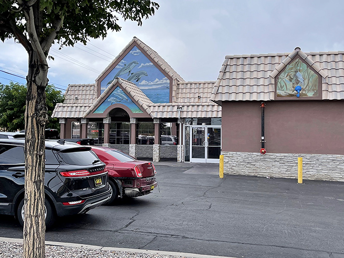 The desert sun shines on Mariscos Altamar's welcoming entrance. Inside awaits a sea of Mexican seafood delights!