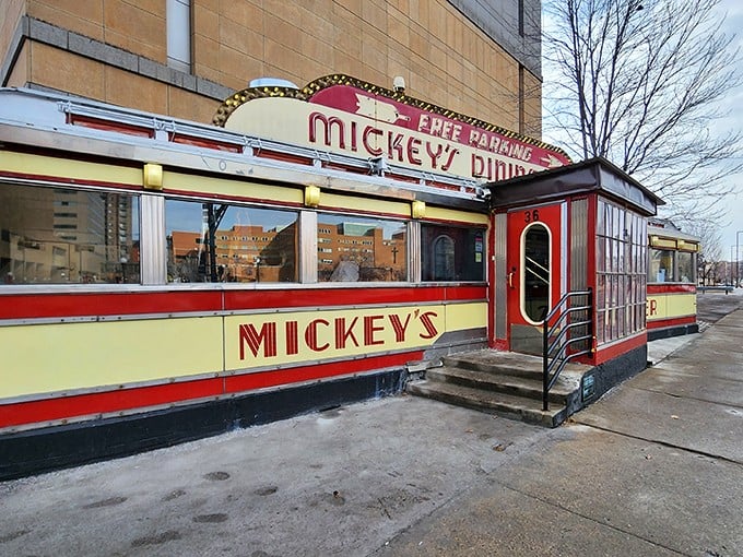 Mickey's Diner sign close-up: "When a diner's sign has more charisma than most restaurants' entire marketing departments. The food lives up to the neon promise!"