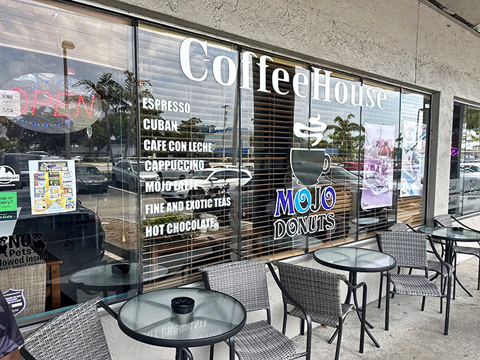 Coffee and donuts, a match made in heaven. Mojo's outdoor seating area invites you to linger over that last bite of frosted perfection.