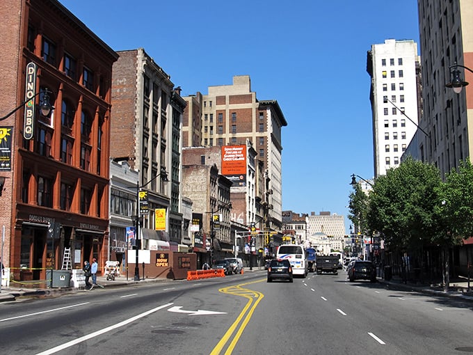 Newark's bustling streets showcase the city's vibrant commercial heart, where affordable living spaces hide among these familiar storefronts.