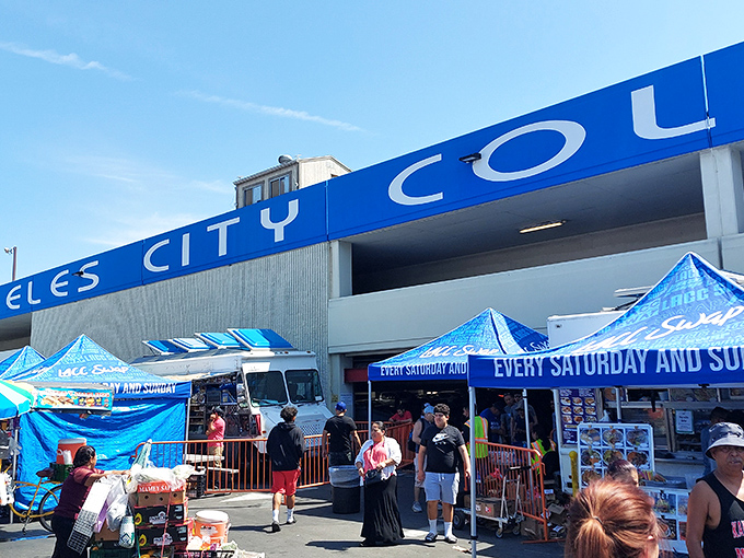 Blue skies and bargains await at the entrance to the Eagles City College swap meet, where weekend warriors gather for the thrill of the find.