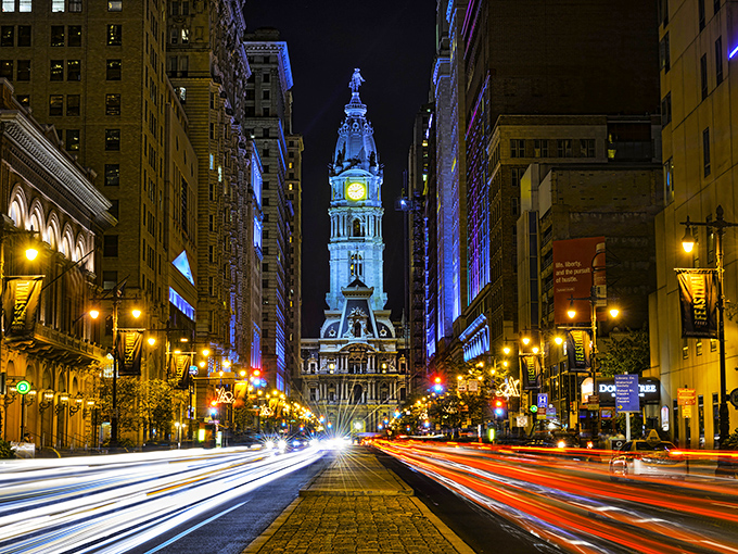 City Hall illuminates Broad Street at night - a reminder that Philly combines historic charm with metropolitan conveniences at Social Security-friendly prices.