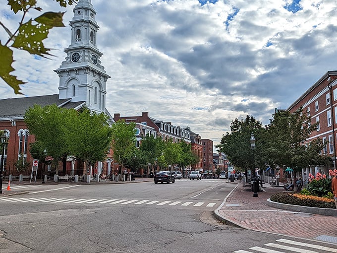 That iconic white clock tower rises above Portsmouth's brick-lined streets like a friendly lighthouse guiding you through this coastal gem.