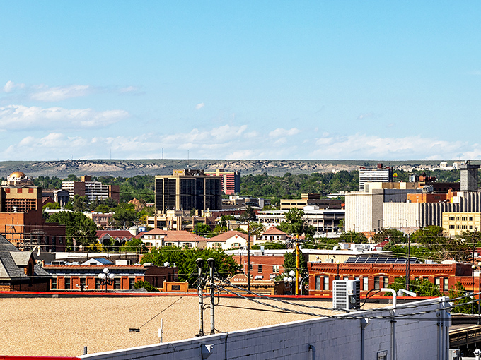 Pueblo skyline views offer you a bright perspective of historic brick architecture and rolling hills under a beautiful, clear blue sky.