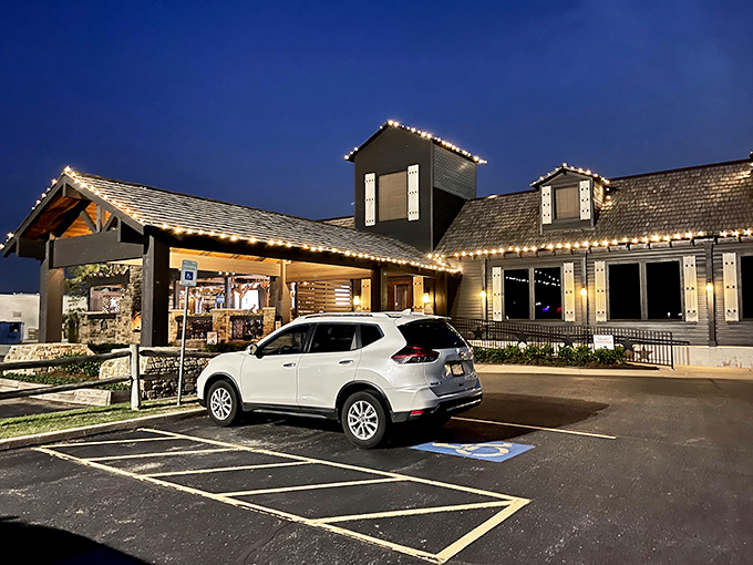 By day, it's an elegant lodge. By night, those twinkling lights transform it into a carnivore's cathedral.