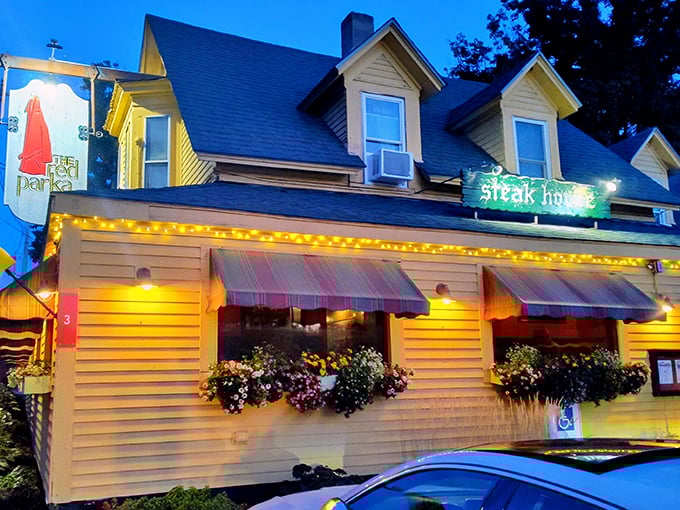 By night, this unassuming yellow house transforms into a twinkling steak paradise that's been making ski bums drool for decades.
