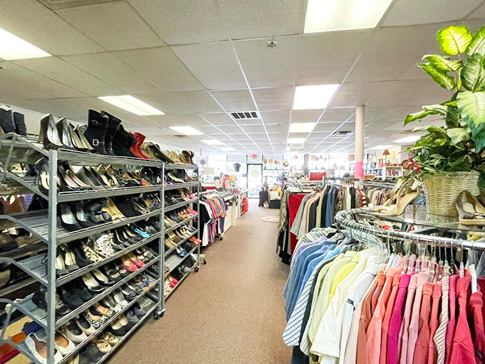 Rows of neatly organized shoes and colorful clothing racks &ndash; a thrifter's paradise where every aisle promises discovery.