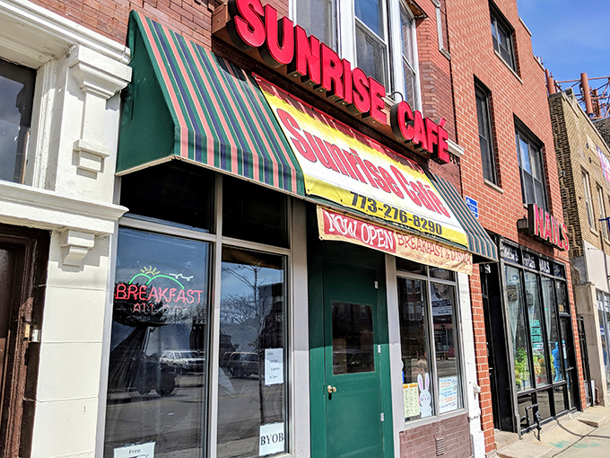 Sunrise Cafe's vintage sign promises "Breakfast ALL DAY" - words that warm the soul like that first sip of morning coffee.