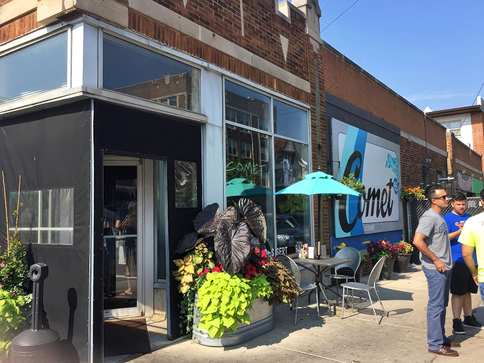 Outdoor seating at The Comet Cafe where breakfast dreams and people-watching collide in perfect Milwaukee harmony.