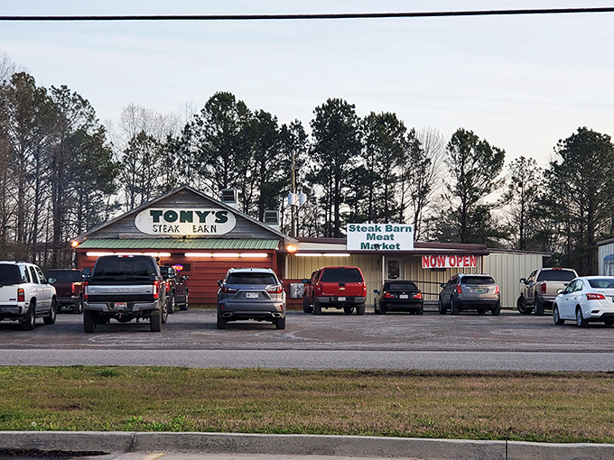 The sign says it all - Tony's Steak Barn isn't just a restaurant, it's a meat-lover's pilgrimage site in rural Alabama.