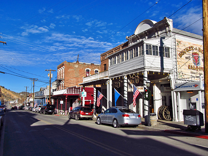 Historic storefronts line Virginia City's C Street, where neighbors chat between errands like it's 1875.
