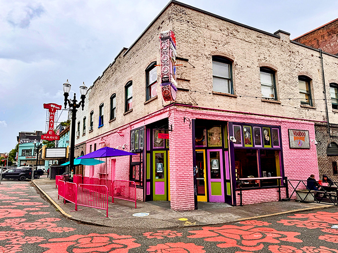 
Voodoo's unmistakable storefront with its quirky bull silhouette &ndash; Portland's sweetest landmark for the midnight munchies. 