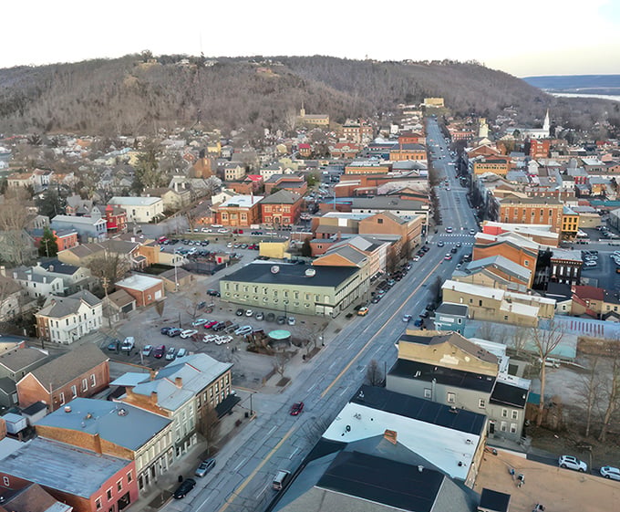 From above, Madison reveals its perfect grid layout nestled between rolling hills and the mighty Ohio River&mdash;small-town planning at its finest.