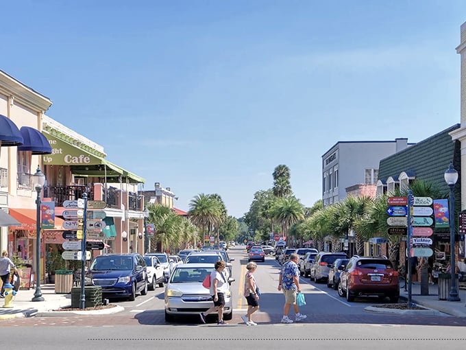 Colorful storefronts and directional signs point visitors to Mount Dora's many attractions. It's like a treasure map where X marks... well, everything!