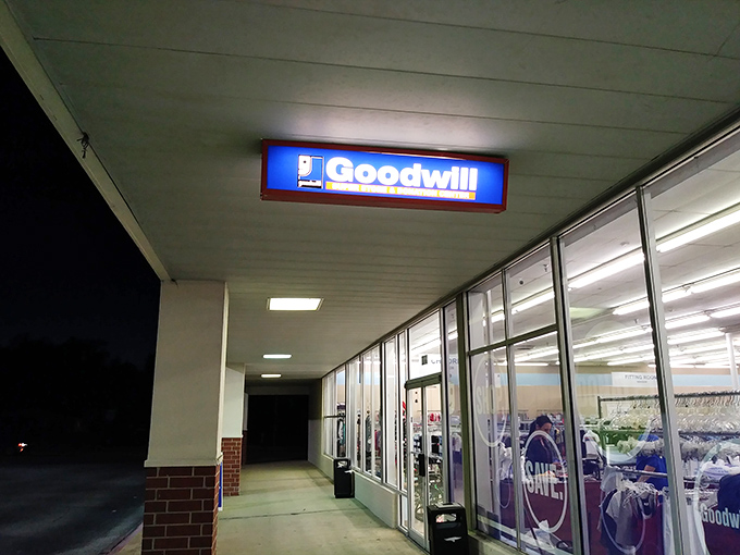 Night or day, the welcoming glow of Goodwill's entrance lights the way to thrifting adventures, where one person's donations become another's delightful discoveries.