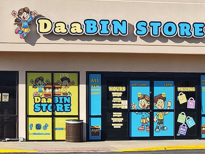 The cheerful cartoon mascots seem to say, "Abandon all budgetary restraint, ye who enter here!" A siren call to bargain hunters.