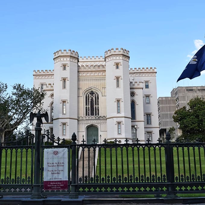 Iron fencing frames the pristine white fa&ccedil;ade, where twin towers and crenellated battlements stand ready to defend Louisiana's political history.