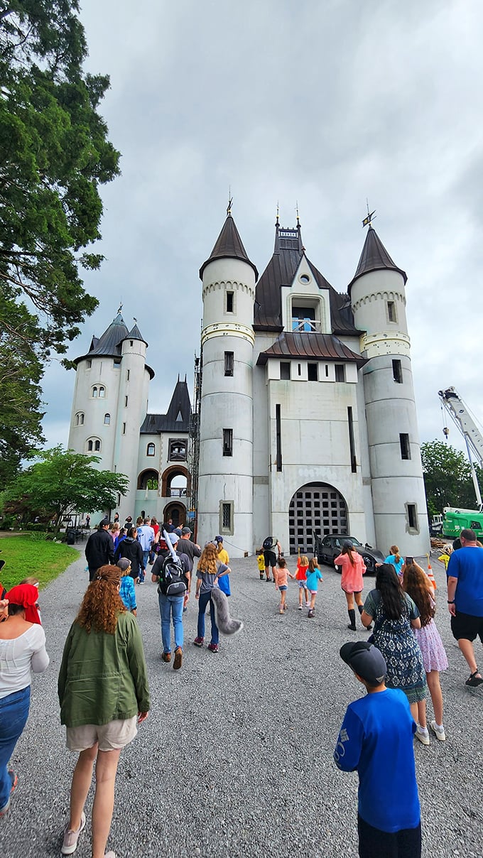 Approaching the castle's grand entrance feels like stepping into a fairy tale, complete with twin towers and stone steps that practically demand a royal procession.