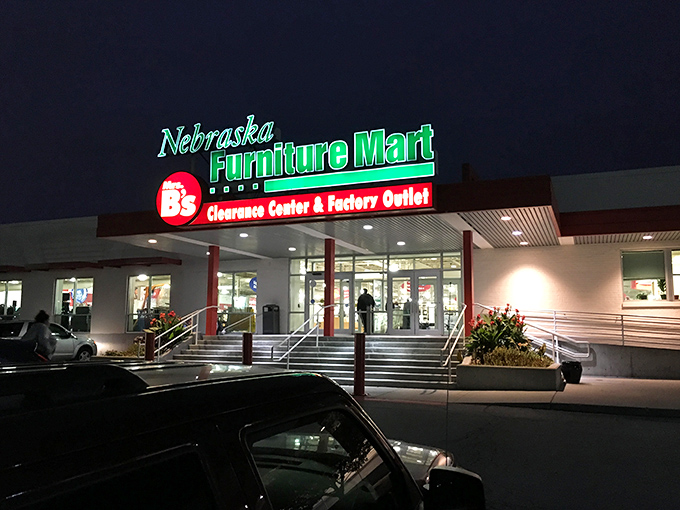 Even at night, the illuminated storefront promises treasure hunting adventures for late shoppers with big dreams and modest budgets.
