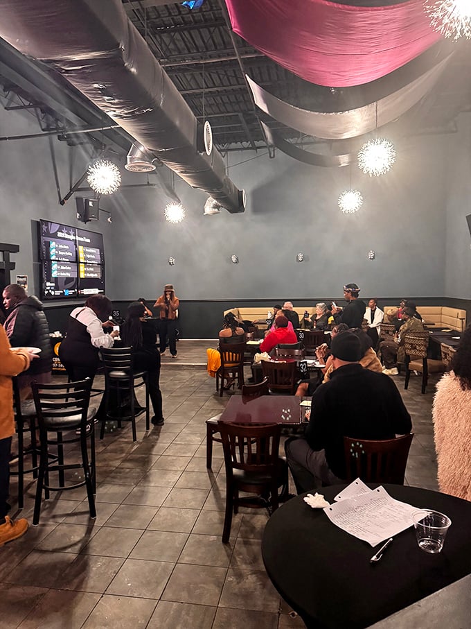 Pink fabric drapes and starburst lighting fixtures create an atmosphere that says "this isn't your grandma's soul food joint"&mdash;though she'd definitely approve of the cooking.