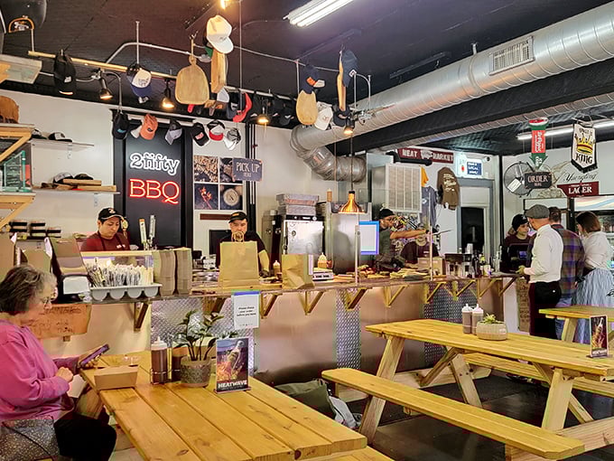 Inside, the no-frills dining area speaks volumes: when wooden picnic tables replace white tablecloths, you know the focus is squarely on what's coming from the smoker.