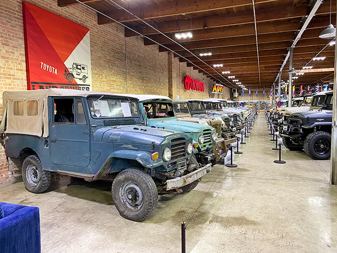 Row after row of legendary off-roaders stretch into the distance, a mechanical timeline of Toyota's toughest creations that have conquered every continent.