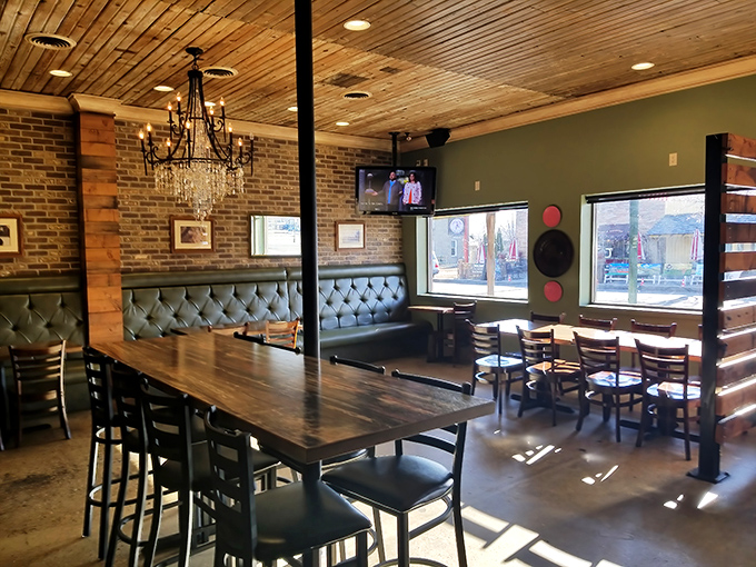 Chandeliers and barbecue? It's like Downton Abbey and Texas had a delicious love child. The rustic-meets-refined interior sets the perfect stage.