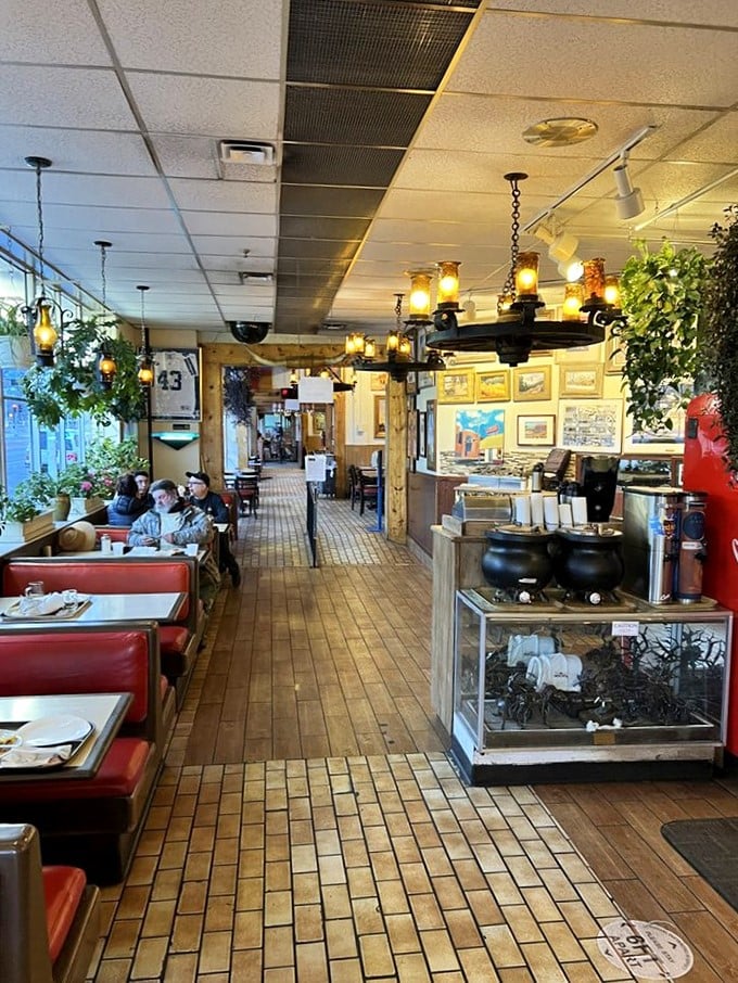 Wooden floors, red vinyl booths, and warm lighting create the perfect backdrop for countless Albuquerque memories and hash brown-fueled conversations.