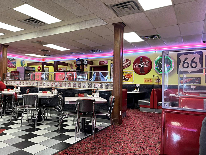 Route 66 memorabilia adorns the walls, creating an atmosphere where every booth feels like front-row seats to America's culinary history. 