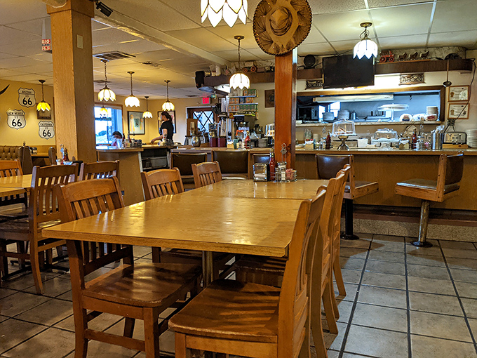 Inside, Route 66 memorabilia and stained glass pendant lights create that perfect diner atmosphere where comfort isn't just on the menu&mdash;it's in the air.