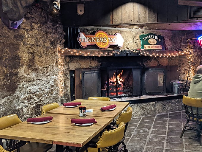 Dinner with a show! The crackling stone fireplace creates the perfect ambiance for savoring prime rib while imagining the stories these historic walls could tell.