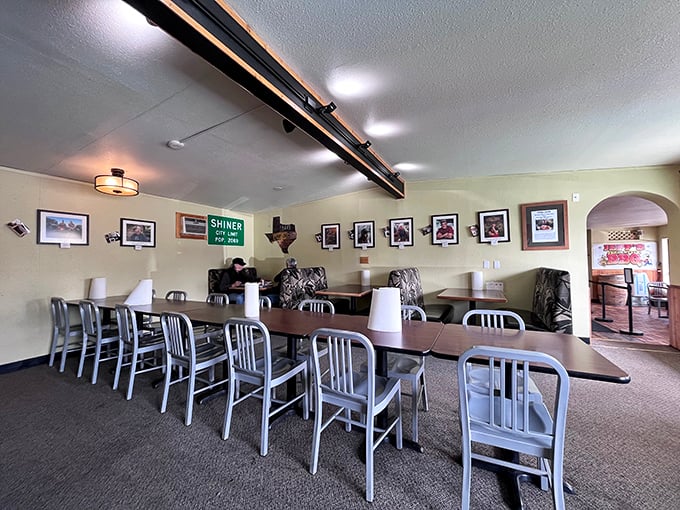 Simple metal chairs and Texas memorabilia create the perfect backdrop for the real star of the show&mdash;meat that speaks fluent deliciousness.
