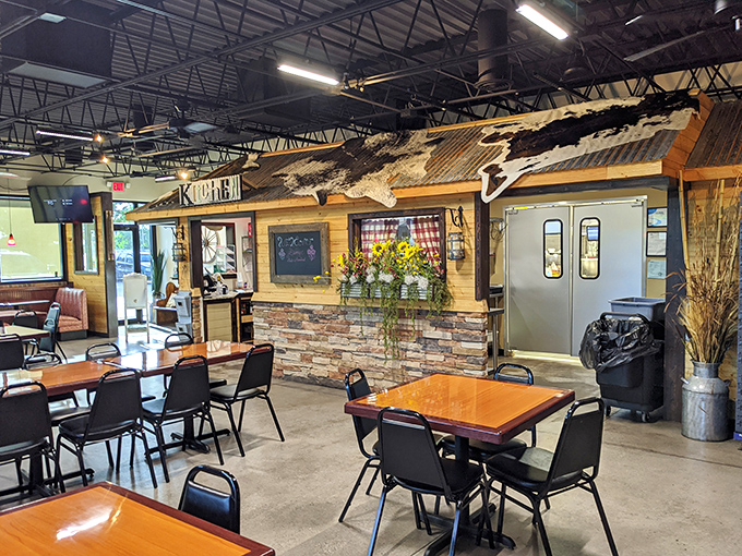 Rustic wooden elements and stone accents create the perfect backdrop for comfort food indulgence. No pretension here&mdash;just an honest space for serious eating.