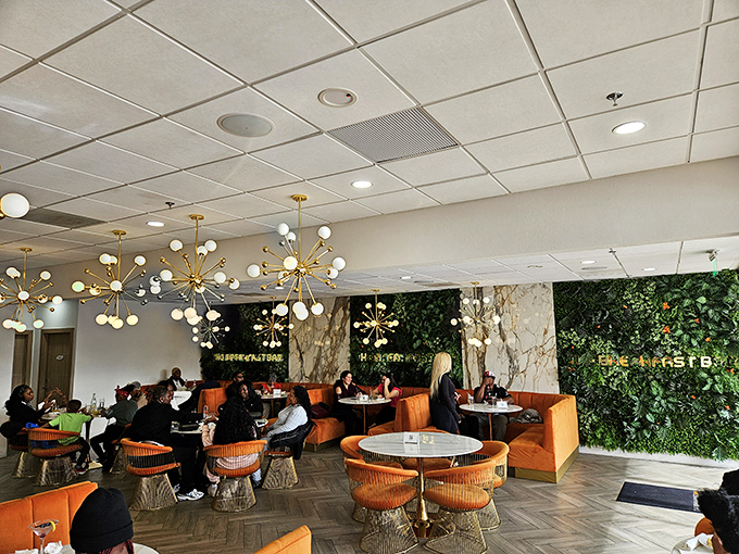 Mid-century meets modern brunch heaven with these starburst chandeliers illuminating conversations that flow as freely as the coffee.