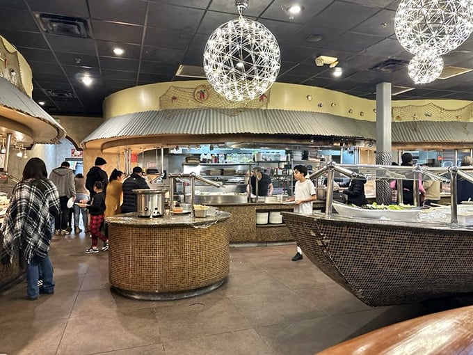 Spherical light fixtures hover like culinary UFOs above meticulously designed buffet stations. This isn't your grandma's potluck &ndash; it's food theater in the round.