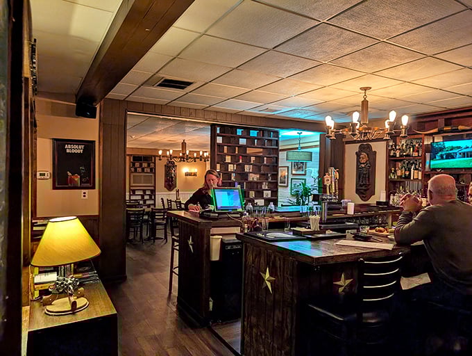 Leather booths, wooden accents, and star decorations create that perfect old-timey steakhouse atmosphere where comfort meets cowboy cool. 