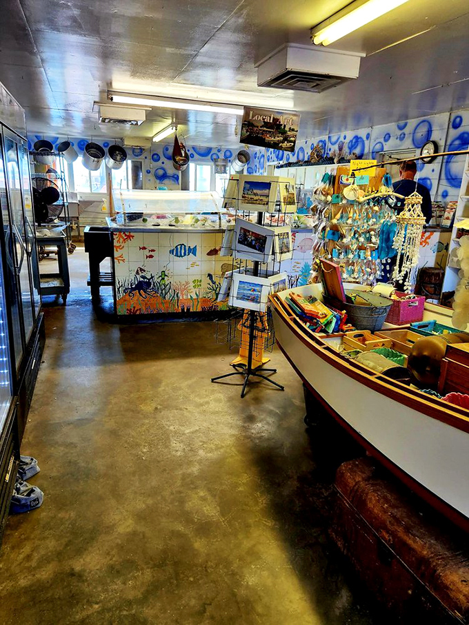 Inside the market, a colorful underwater world comes to life. The hand-painted sea creatures hint at the treasures in those display cases.