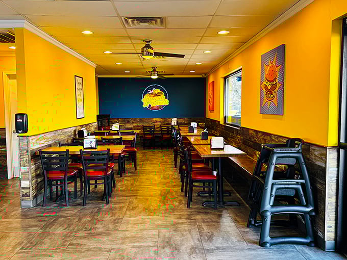 Sunshine yellow walls and rustic wood accents create the perfect backdrop for burger bliss. Simple, unpretentious, and ready for the magic to happen.