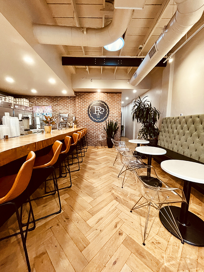 Industrial-chic meets comfort in this interior where the herringbone floors are almost as artfully crafted as the pies themselves.