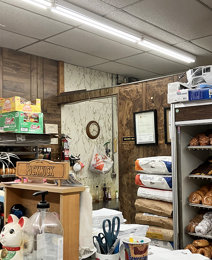 Behind the scenes at donut headquarters, where wood paneling and flour sacks tell you they're serious about the craft, not the d&eacute;cor.