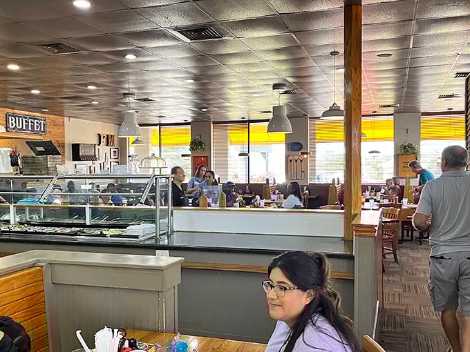 Inside Fred's Market, the buffet beckons with promises of Southern comfort. The bright yellow blinds seem to say, "Sunshine inside and out, folks!"