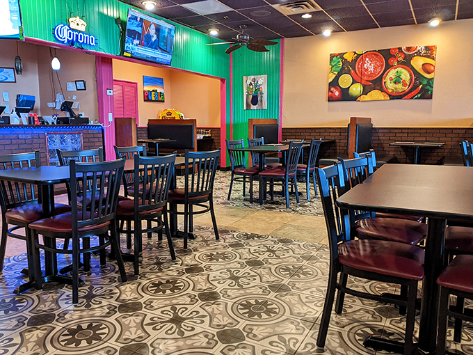 The interior strikes that perfect balance—vibrant enough to feel festive, comfortable enough to focus entirely on what matters: the food heading your way.