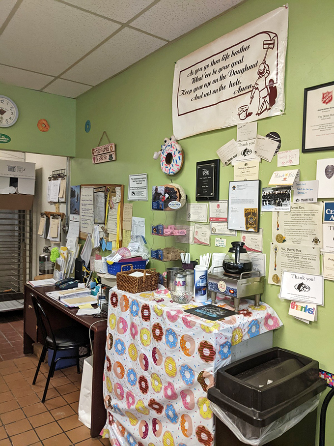 Wall-to-wall memories and thank-you notes create a community scrapbook. That donut-patterned tablecloth isn't just decoration&mdash;it's a mission statement.