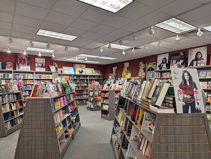 Burgundy walls and thoughtful displays create the literary equivalent of comfort food. This isn't browsing; it's intellectual grazing at its finest.